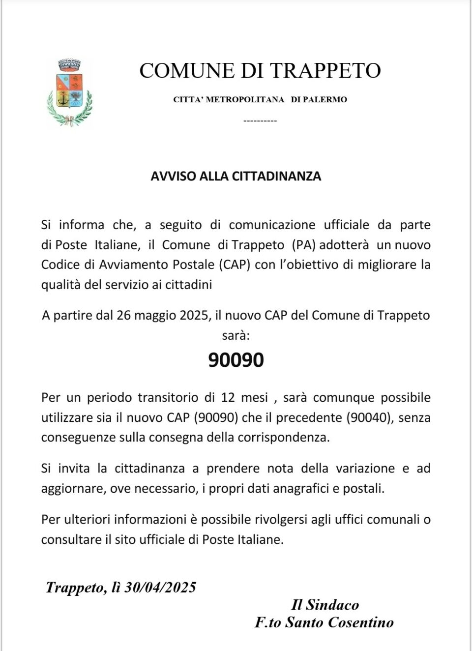 Trappeto, dal 26 maggio cambia il CAP: in vigore il nuovo codice 90090 ...